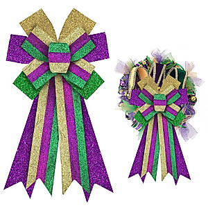 ALIBBON Large Mardi Gras Bows for Wreaths, Mardi Gras Wreath Bows, Glitter Purple Green Gold Bows, Stripe Bows for Front Door, Mardi Gras Decorations Bows for Mardi Gras Carnival Indoor Outdoor Decor