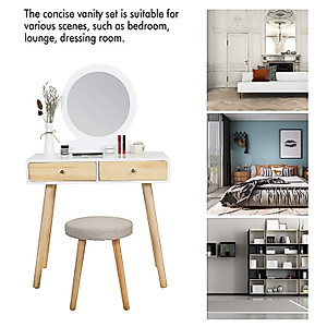 JAXPETY Classic 2-Drawers Girls Vanity Table Set with Mirror and Cushioned Stool, French Countryside Style Dsign Makeup Dressing Table Bedroom Organizer for Girls Women, White