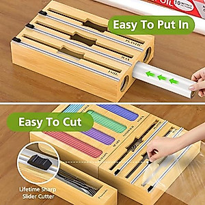 Lawmoliw Bag Storage Organizer for Kitchen Drawer, 9 in 1 Foil and Plastic Wrap Dispenser with Cutter, Bamboo Plastic Bag Food Baggie Organizer for Gallon, Quart, Sandwich, Snack, Freezer