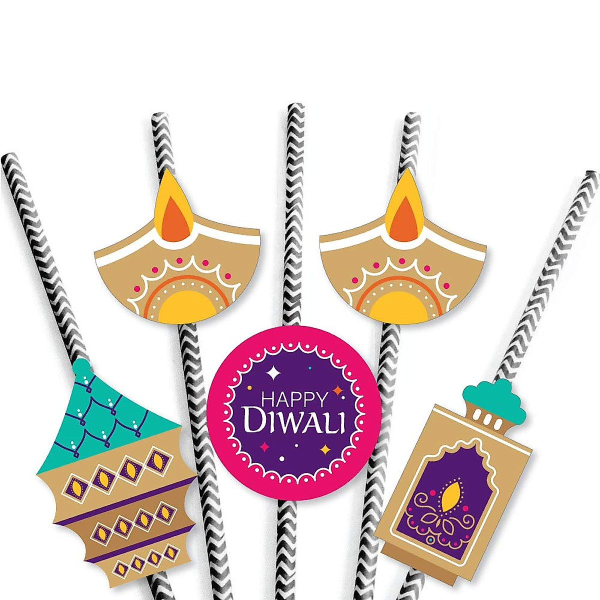 Big Dot of Happiness Happy Diwali - Paper Straw Decor - Festival of Lights Party Striped Decorative Straws - Set of 24