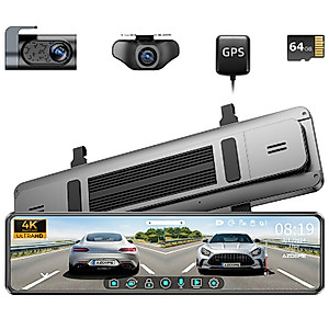 AZDOME 12" Mirror Dash Cam with 4K Detached Front Camera, Rear View Mirror Camera with Sony IMX335, WDR Night Vision, GPS, IPS Full Touch Split Screen, Free 64GB Card, Parking Assistance PG18S