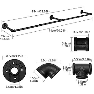 Tanice Clothes Rack Wall Mounted Clothes Rail 178cm Space-Saving Heavy Duty Industrial Pipe Clothes Bar Rack Rustic Hanging Garment Rack for Bedroom, Living room, Laundry Room