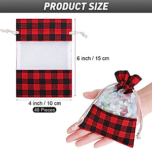 MIMIND 48 Pack Christmas Linen Burlap Sheer Bags with Drawstring Red and Black Buffalo Plaid Burlap Organza Bags Small Drawstring Burlap Gift Bag for Xmas Wedding Birthday Party Favors, 4 x 6 Inch