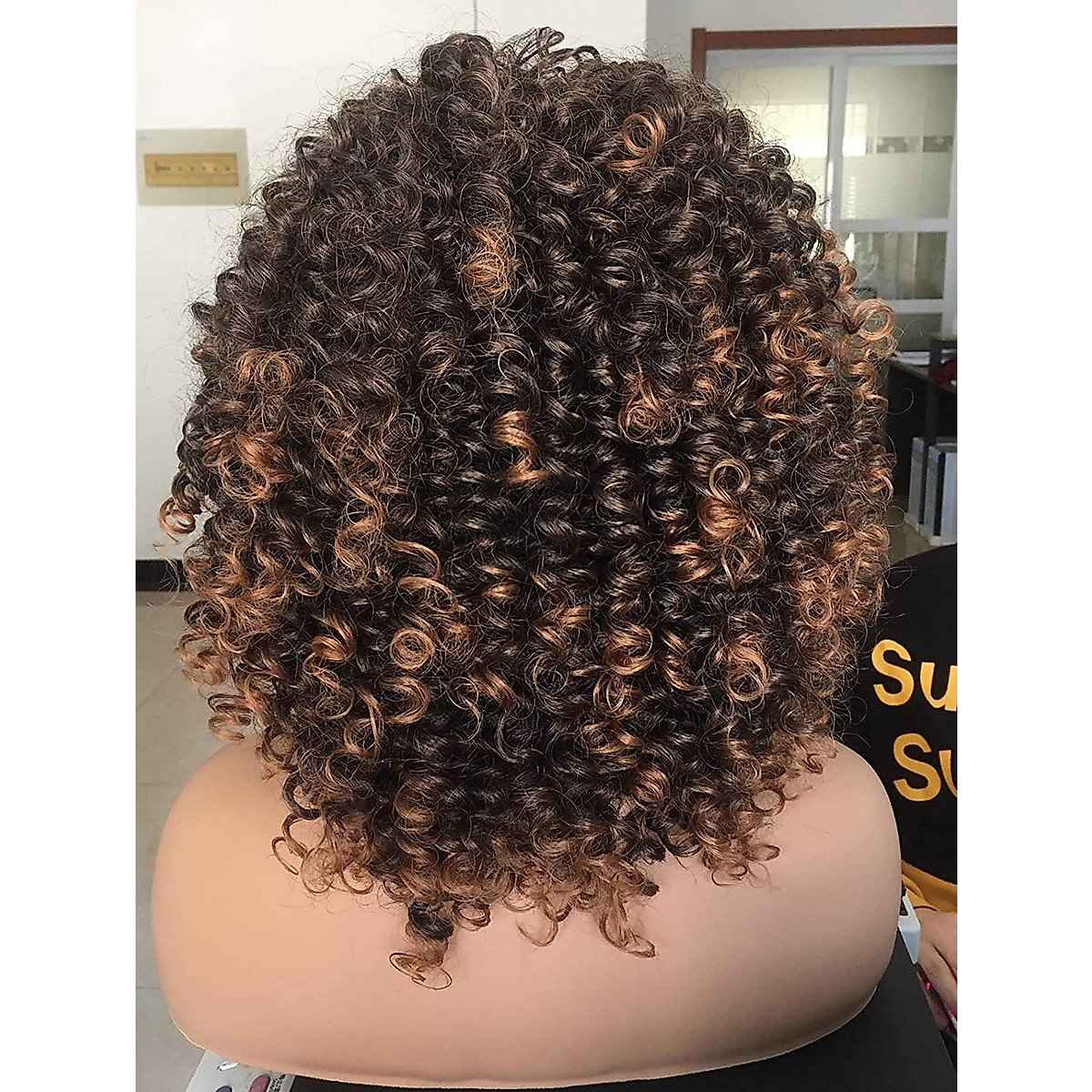ANNIVIA Short Curly Wig for Black Women with Bangs Big Bouncy Fluffy Kinky Curly Wig Heat Resist Soft Synthetic 2Tone Ombre Darkest Brown Short Curly Afro Wig