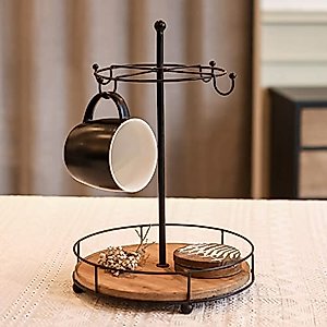 Original Barn Farmhouse Coffee Mug Holder, Vintage Coffee Cup Tree with Wood Tray, Rustic Coffee Mug Organizer for Home, Office, Kitchen, Black