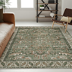 Valenrug Washable Rug 6x9 - Ultra-Thin Antique Collection Area Rug, Stain Resistant Rugs for Living Room Bedroom, Distressed Vintage Rug(Green, 6'x9')