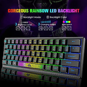ZIYOU LANG K61 60% Gaming Keyboard Mini Portable with Rainbow RGB Backlit Ergonomic 62Key Layout 19Key Anti-ghosting Mechanical Feel Waterproof USB Wired for PC Mac Windows Gamer Laptop Typists(Black)