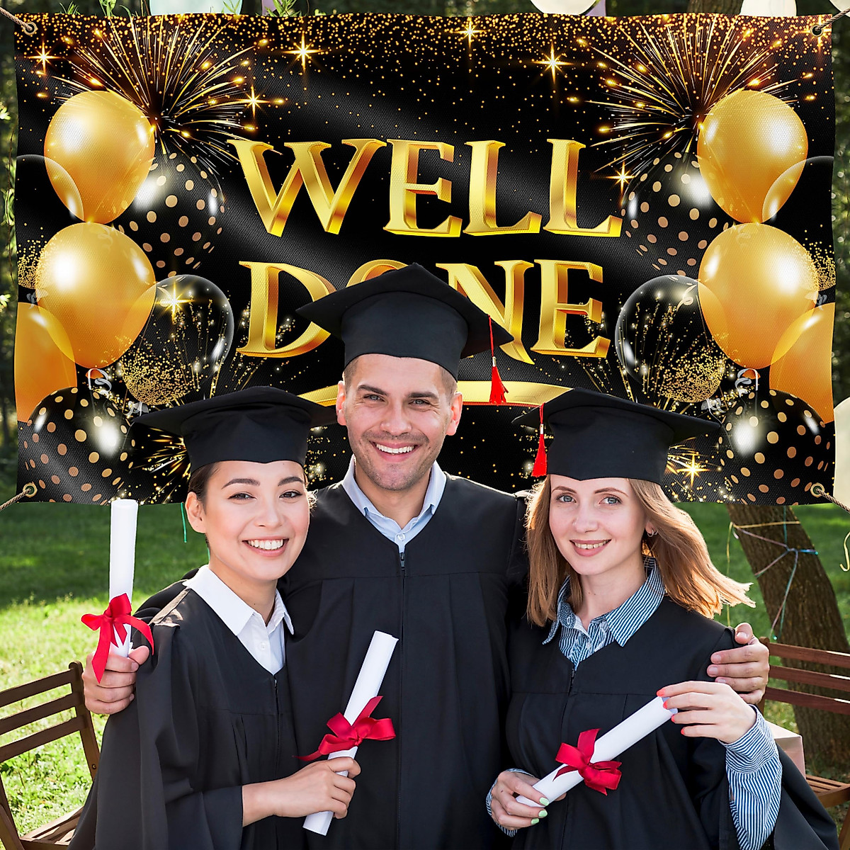 Well Done Banner - Congratulations Banner - Congratulations Decorations - Congrats Banner - We are so Proud of You Banner - Graduation Banner - Graduation Decorations - 5ft x 3ft (Black & Gold)