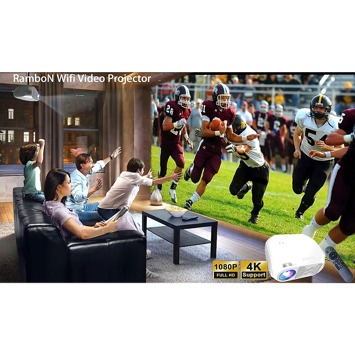 RamboN Native 1080P Full HD 4K Supported Movie 5G WiFi Projector, , 9500L Smart Projector,Support 4D Keystone Correction, Zoom, PPT