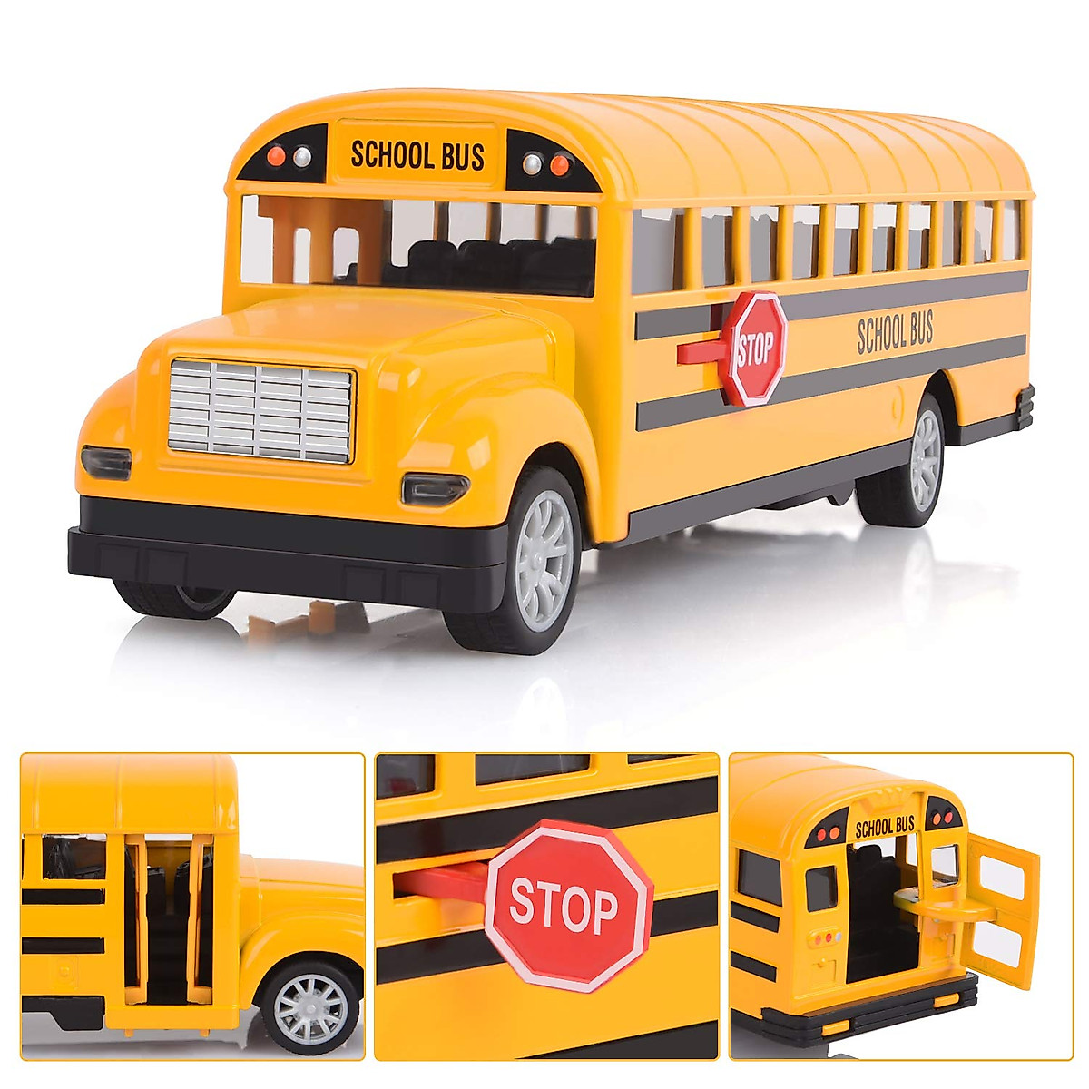 Think Wing School Bus Toy for Toddlers, 8.5 inch Die Cast Pull Back Cars Yellow Bus Play Vehicles with Pull Back Mechanism and Open Doors