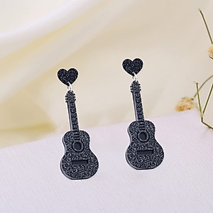 Acrylic Cute Music Bass Electric Guitar Earrings Charms Instrument Drop Dangle Jewelry Gifts for Women (Heart Shape- Black)