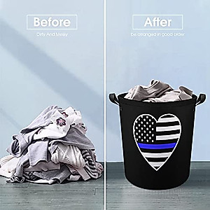 Police Thin Blue Line American Flag Large Laundry Basket Hamper Bag Washing with Handles for College Dorm Portable