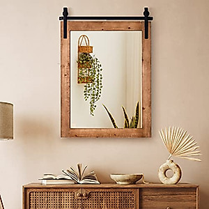 Tangkula Farmhouse Wall Mirror, Rustic Hanging Bathroom Mirror with Wood Frame and Metal Bracket, Wall Mounted Barn Door Style Decor Mirror for Living Room Bathroom, 22 x 30 Inch