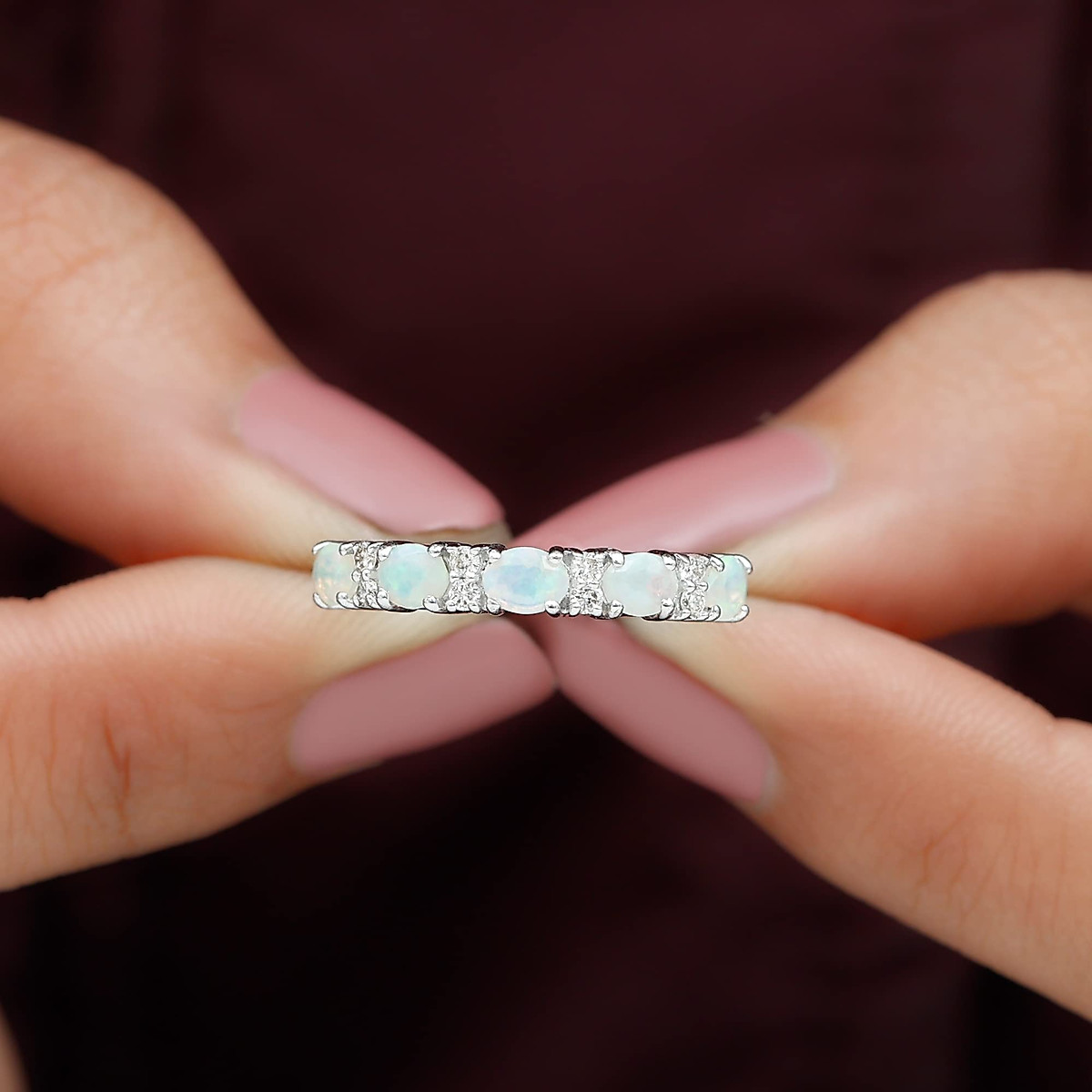 Rosec Jewels Certified Ethiopian Opal and Diamond Half Eternity Ring for Women, 1.50 cttw, Aaa Quality, 14K White Gold, Size:US 6.50