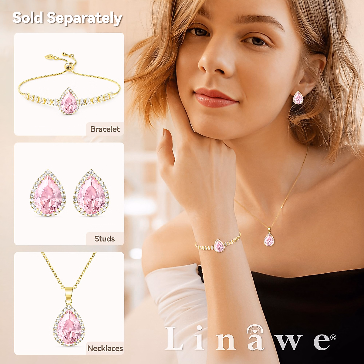 Linawe Pink Crystal Pendant, Gold Chain Imitation Diamond Cubic Zirconia Birthstone Rhinestone Teardrop Necklace, Preppy Bridal Wedding Bride Bridesmaids Boho Jewelry Set