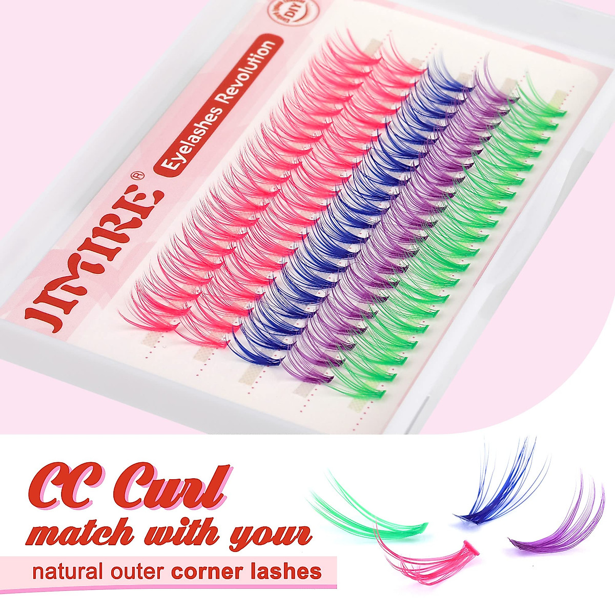 Colored Lash Clusters Individual Eyelashes 100Pcs DIY Eyelash Extensions 4 Colors Pink Lashes 14mm 3D Effect Individual Eyelashes Clusters Natural Look CC Curl Wispy Extension Reusable Pack by JIMIRE