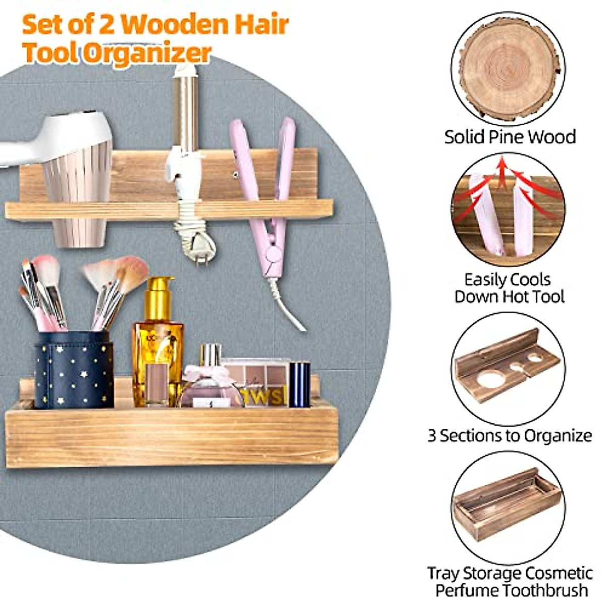 Hair Tool Organizer Wall Mounted - Wooden Hair Dryer Holder, Rustic Blow Dryer Holder for Curling Iron, Hot Tools, Hair Straighteners, Set of 2 Bathroom Vanity Tray for Makeup,Toiletries, Brown