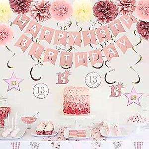 GuoZhiXin Rose Gold 13th Birthday Party Decors , Rose gold Glittery Happy 13th Birthday Banner,Poms,Sparkling Hanging Swirls Kit for 13th Birthday Party Supplies