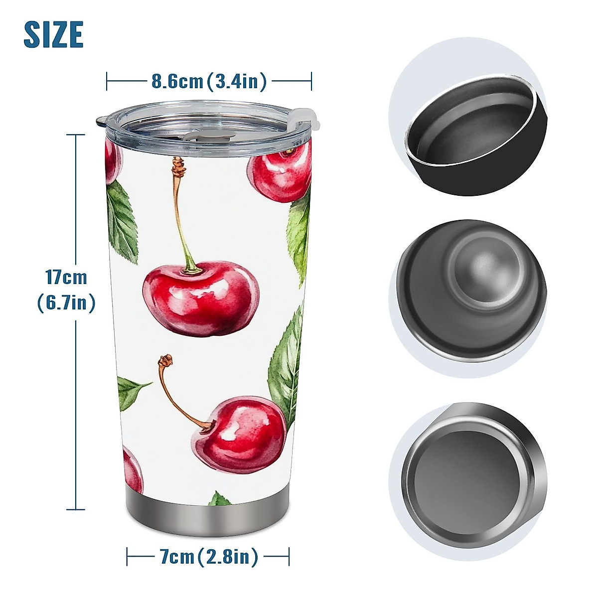 QWEUIOP 20oz Insulated Travel Coffee Mug Cherry Green Leaf Pattern Stainless Steel Tumbler with Lid Double Wall Vacuum Coffee Cup For Hot and Cold Drinks14116
