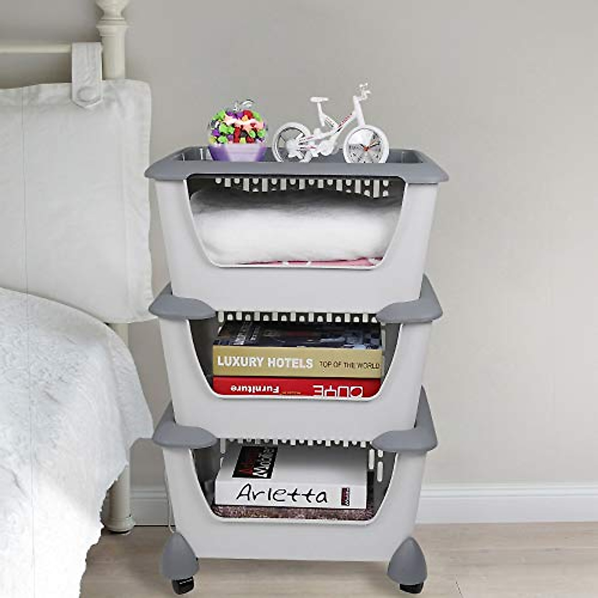 Hommp Gray Plastic Stacking Storage Organizer Basket with Wheels, Multi-function Stackable 3-Tier Storage Basket