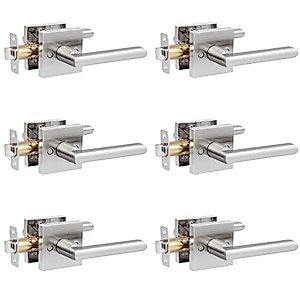HOSOM 6 Pack Passage Door Handles Interior Door Levers for Hallway, Closet Doors Heavy Duty No Locking Door Handle Set, Satin Nickel Finished with Square Plate