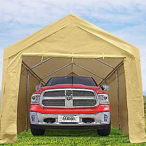 PEAKTOP OUTDOOR 10x20 ft Heavy Duty Carport, Portable Car Canopy, Garage Tent, Boat Shelter with Reinforced Triangular Beams and Ground Bar, Removable Sidewall & Zipper Doors, Beige