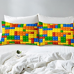 Kids Games Bed Sheet Set Full Size Color Building Blocks Sheet Set Toy Brick Sheets for Boys Girls Bedroom Nursery Bedding Set with Flat Sheet Fitted Sheet Pillowcase 4Pcs