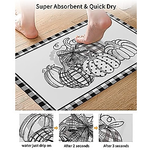 Black and White Bath Mat for Tub,Non Slip Bathroom Floor Runner Rug Quick Dry & Absorbent Diatomaceous Earth Kitchen Room Shower Sink Washable Doormat,Thanksgiving Pumpkin Boho Polka Dot Plaid 18"x30"