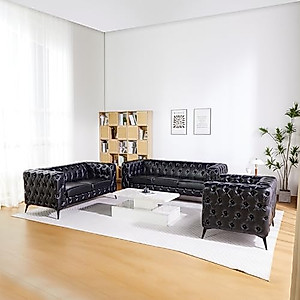 Chesterfield Sofa, Modern Faux Leather Button Tufted Accent Couch with Square Arms and Metal Legs for Living Room, Bedroom, Office, Apartment (Black)