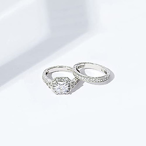 Amazon Essentials Platinum-Plated Sterling Silver Antique Ring set with Asscher-Cut Infinite Elements Cubic Zirconia, Size 8 (previously Amazon Collection)