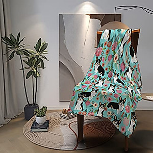 Corgi Flowers Blanket Soft Fleece Throw Blanket Cozy Fuzzy Warm Flannel Blankets for Women Men for Couch Bed Sofa All Season Gift (Green, 50"x40")