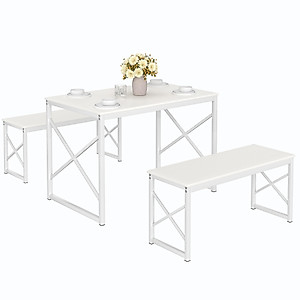 VECELO Kitchen Dining Table Set for 4, 43.3" Wood Rectangle Dinette with 2 Benches, Heavy-Duty Metal Frame for Small Space, Breakfast Nook, White