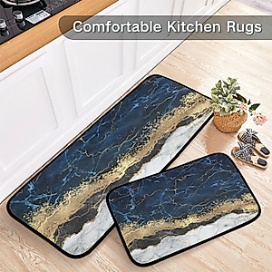 Kitchen Mats Rugs 2 Piece Set Bath Mat Antifatigue Cushioned Gold Black Marble for Floor Non Slip Washable (color3)