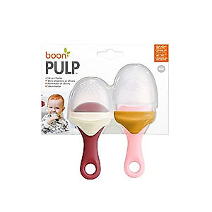 Boon PULP Silicone Baby Feeder — 2 Count — Orange/Pink and White/Mauve — Soft Silicone Vegetable and Fruit Feeders — Teething Baby Essentials