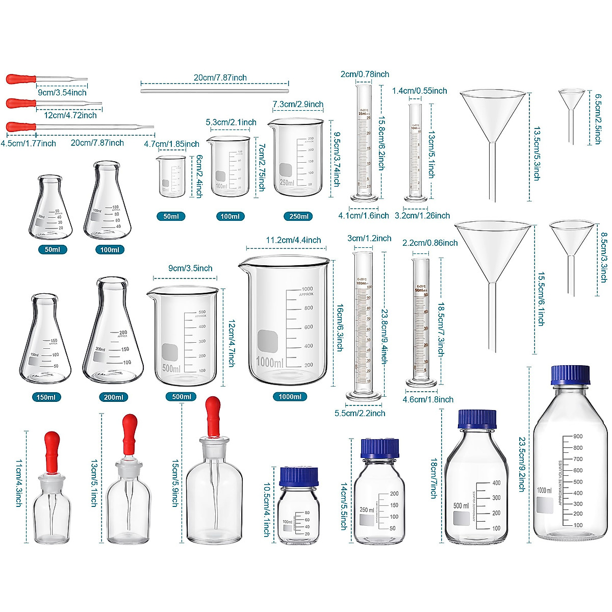 Saysurey 31 Pcs Lab Glassware Set Include Measuring Beakers Cylinders Erlenmeyer Flasks Dropper Bottle Media Bottles Glass Stirring Rods Dropper Funnels for Science Chemistry Equipment Supplies