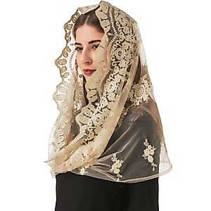 PAMOR Gold Embroidered Traditional Vintage Inspired Infinity Veil Mantilla Veils Mass Head Covering