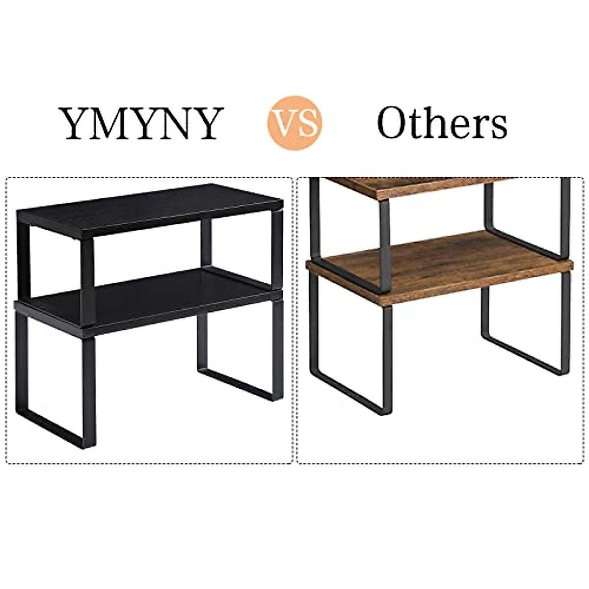 YMYNY Cabinet Shelf Organizer, Extendable Countertop Shelves Set of 2, Kitchen Spice Racks, Stackable, Storage Racks for Cupboard, Sink, Pantry, Bathroom, Black, Metal, HSR002B