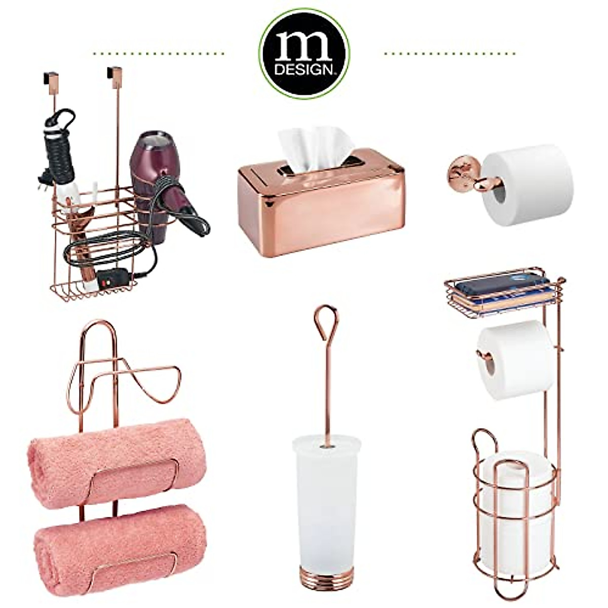 mDesign Metal Bathroom 2 Section Storage Tool Organizer Basket Tray - Hang Over Cabinet Door - Storage for Hair Dryer, Straightener, Curling Iron, Styling Products - Concerto Collection - Rose Gold