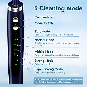 Jeyoe Teeth Polisher Stain Remover,Professional Dental Polisher with 5 Replacement Heads & Cleaning Modes,USB Rechargeable,Ipx6 Waterproof,Teeth Polisher Electric Professional for Adults &Kids Blue.
