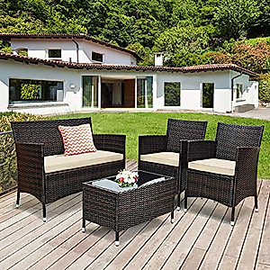BestComfort 4 Piece Outdoor Patio Furniture Set Wicker Conversation Set, Sectional Sofa Rattan Wicker Chair, Glass Coffee Table for Backyard Porch Poolside Balcony Garden