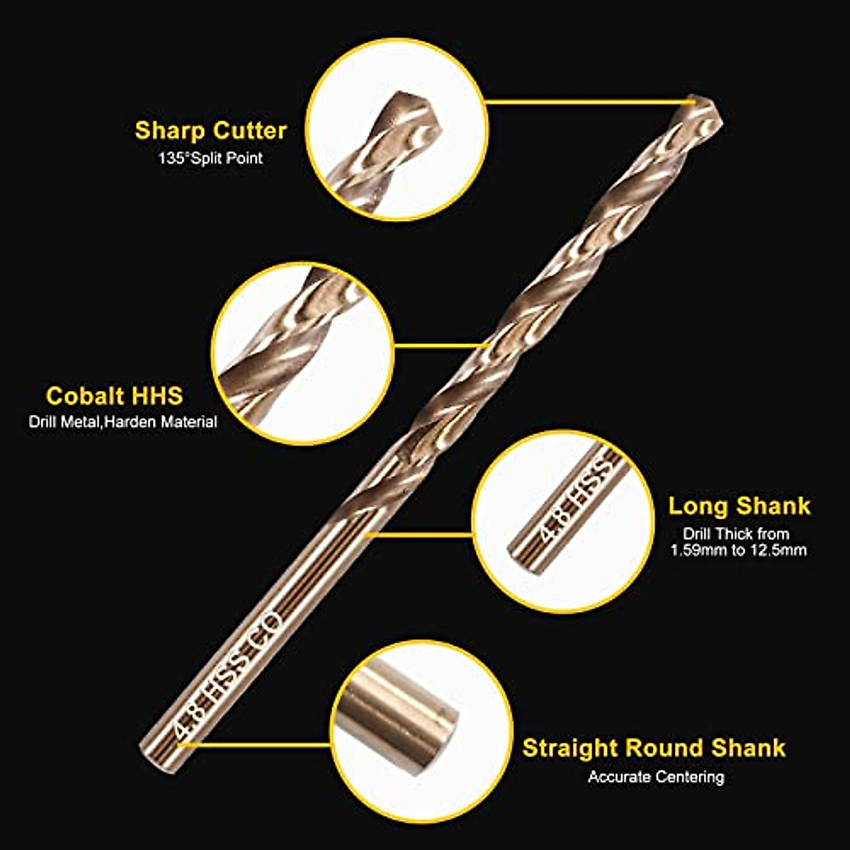 16PCS Impact Drill Bit Set for Metal, Cobalt Drill Bits High Speed Oxide Twist Jobber Drill Bit Set for Hardness Alloy Steel Wood Aluminum Cast Iron 1/16"-1/2"