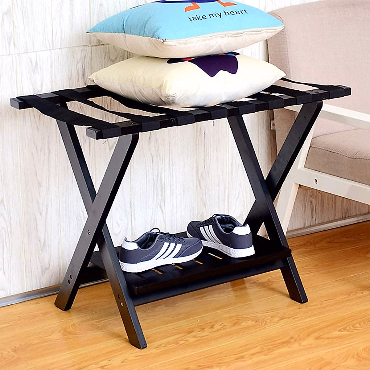 ELEdvb Luggage Rack Luggage Rack Hotel Room Foldable Solid Wood Suitcase Holder Luggage Rack Shelving Suitcase Backpack Black 80 45 60CM