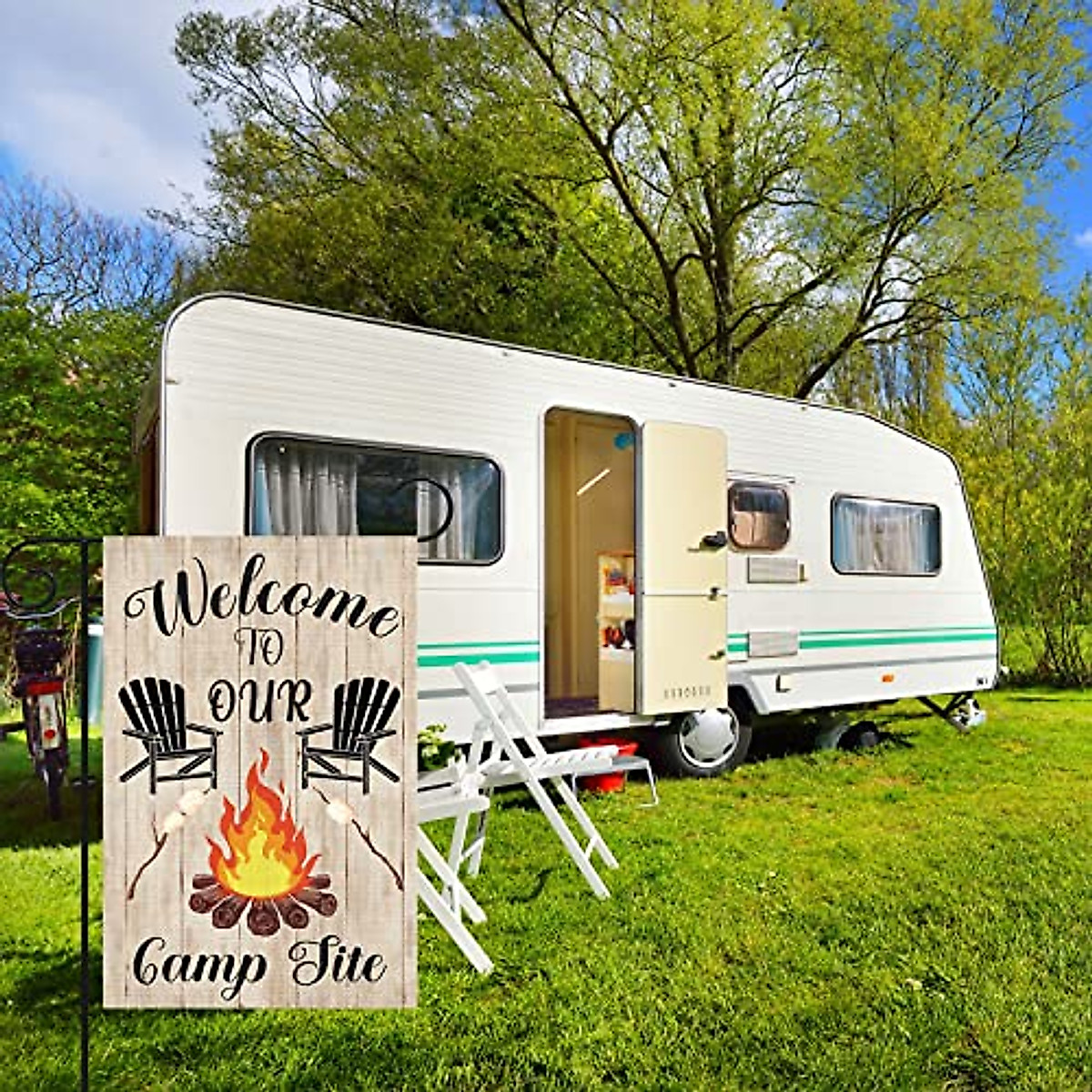 Louise Maelys Spring Summer Camper Camping Garden Flag for Campsite Vertical 12x18 Double Sided, Welcome to Our Camp Site Small Camping Flags Outdoor Fire Pit Camper Camping Campsite Decoration (ONLY FLAG)