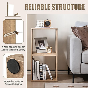 LOKO Stackable 2 Cube Storage Organizer, Freestanding Cubby Storage Bookcase with Anti-toppling Device, 2-Tier Bookshelf, Combinable Record Player Stand for Living Room Bedroom Study (1, Natural)
