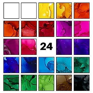Alcohol Ink Set - New Improved Formula - 24 Highly Saturated Alcohol Inks - Fast-Drying and Permanent Inks - Versatile Alcohol Ink for Epoxy Resin, Tumblers, Fluid Art Painting, Glass, Metal etc