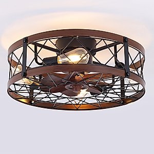 REDSTAR Retro Small Ceiling Fan with Light Remote Control, Ceiling Fans with Lights Flush-Mount, Low-Profile Ceiling Fan with Light, Caged Ceiling Fan with Light (Black)