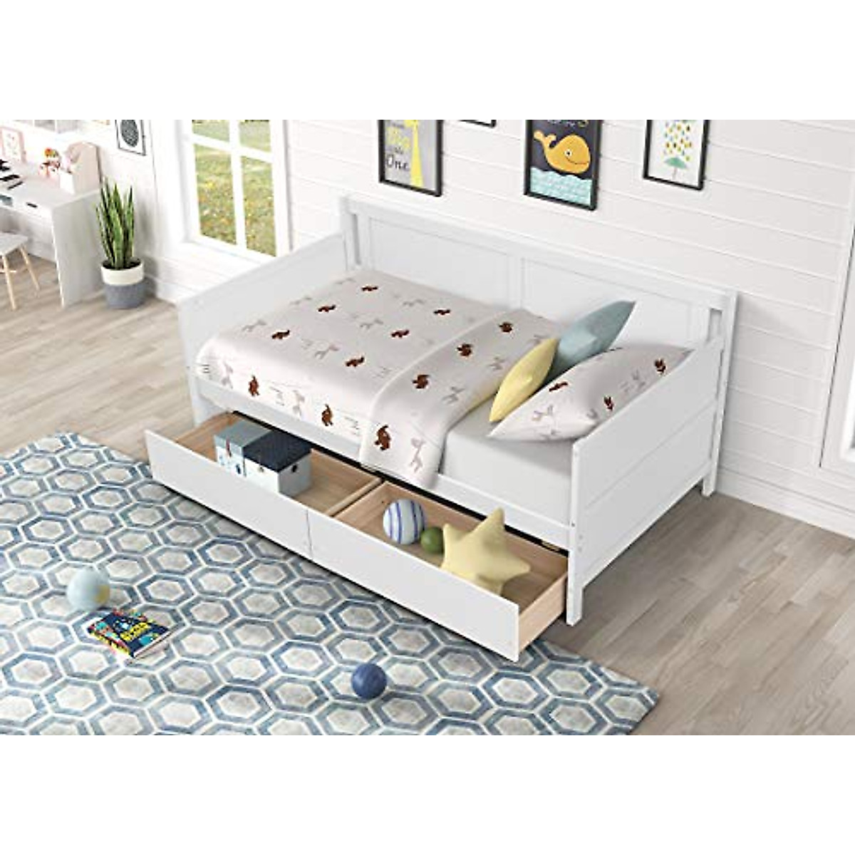 AWQM Twin Bed Frame with Storage & 2 Drawers,Wood Twin Platform Bed Frame with Headboard and Footboard,Twin Daybed for Kids Toddler Girls Boys, No Box Spring Needed,White