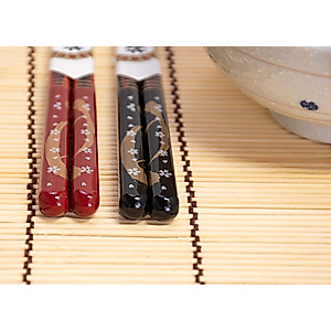Kawai Japanese Wooden Chopsticks Reusable 2 Pairs in Gift Box, Nippon Scenery Sakura Black and Red [ Made in Japan /Handcrafted ]