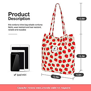LHMTQVK Corduroy Tote Bags for Women, Large Capacity Corduroy Bag Reusable Grocery Shoulder Bag with Inner Pockets(Strawberry)