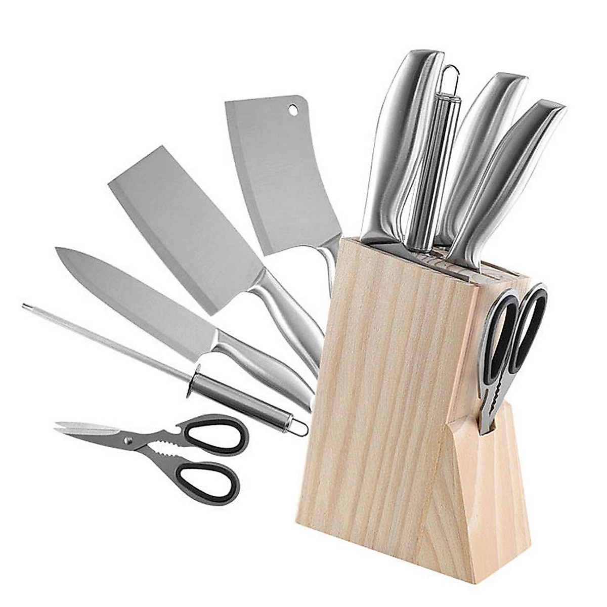 Knife Set, Professional Cleaver Knife Set with Wood Storage Block Stainless Steel Asian Butcher Knife Block Set with Sharpener,Sharp Cutlery Large Blade Cutting Knives Set